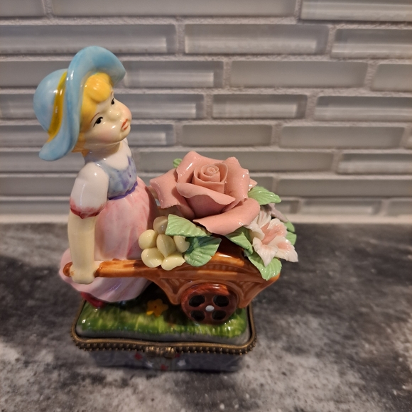 Accents | Young Girl With Wheel Barrow Of Flowers Trinket Box With ...